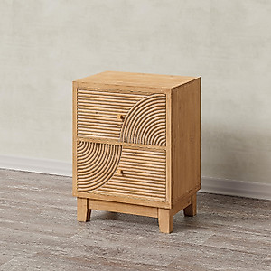 COZAYH 2-Drawer Farmhouse Nightstand, Mid Century Nightstand Fully Assembled with Handcrafted Wood Ring Pattern for Boho, Mid-Century, Rustic Style, Natural Wood