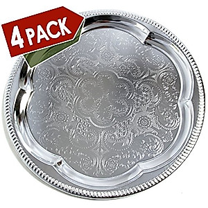 Maro Megastore (Pack of 4) 13.8-Inch Elegant Round Floral Pattern Engraved Catering Chrome Plated Serving Plate Mirror Tray Platter Tableware Holiday Wedding Birthday Party Deco Art (Medium) T226-4pk