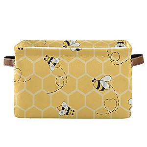 AUUXVA Collapsible Storage Bin Cube Yellow Honey Bees Pattern Laundry Basket Hamper Toy Cloth Organization Bag with Handle for Pantry Nursery Home Office Shelve,1 PC