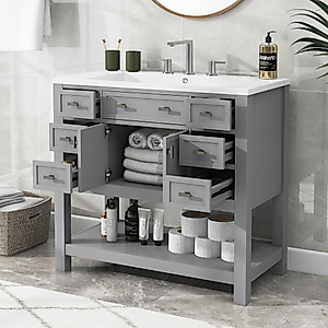 Merax 36" Bathroom Vanity with Sink Combo, Modern Wood Fixture Stand Storage Cabinet Set W/2 Soft Closing Doors and 6 Drawers, Grey