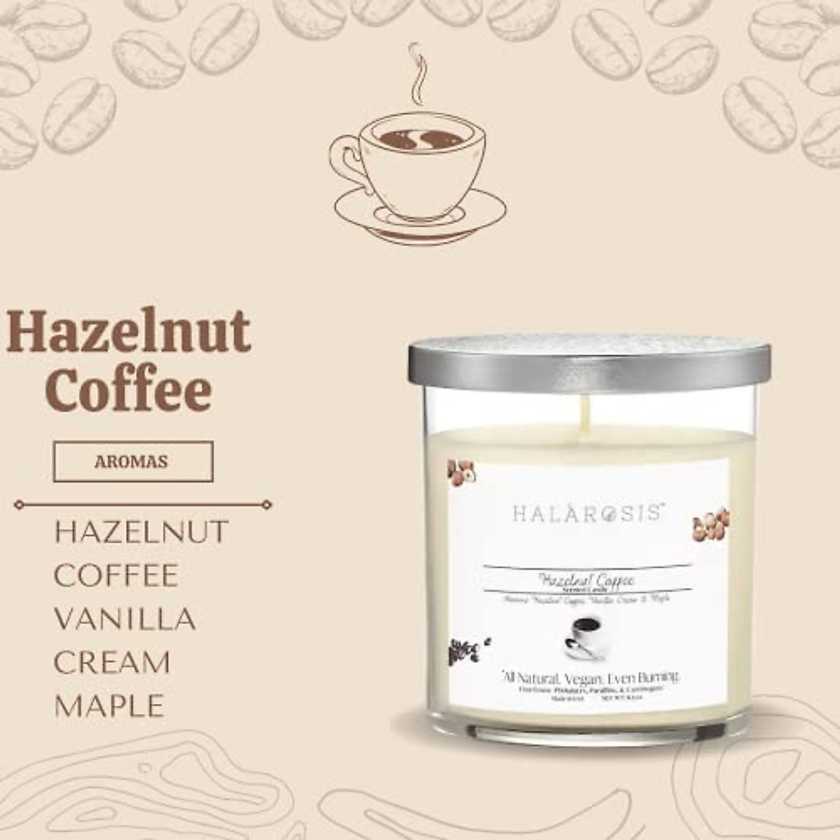 Halarosis Soy Candles - Long Burning Coffee Candle - Burns Up to 45 Hours - Gift for Birthday, Housewarming & Special Events - Cotton Wick Candles for Home Scented (Hazelnut Coffee 8.5 oz)