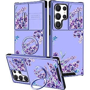 Goocrux (2in1 for Samsung Galaxy S23 Ultra Case Floral Flowers for Women Girls Girly Phone Cover Cute Lavender Flower Design with Slide Camera Cover+Ring Holder Purple Cases for S23 Ultra 5G 6.8''