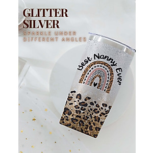 Onebttl Nanny Gifts from Granddaughter, Grandson, Insulated Stainless Steel Wine Tumbler with Lid and Straw, for Grandma on Mother's Day, Birthday, Christmas, Best Nanny Ever, Glitter Silver, 20 oz