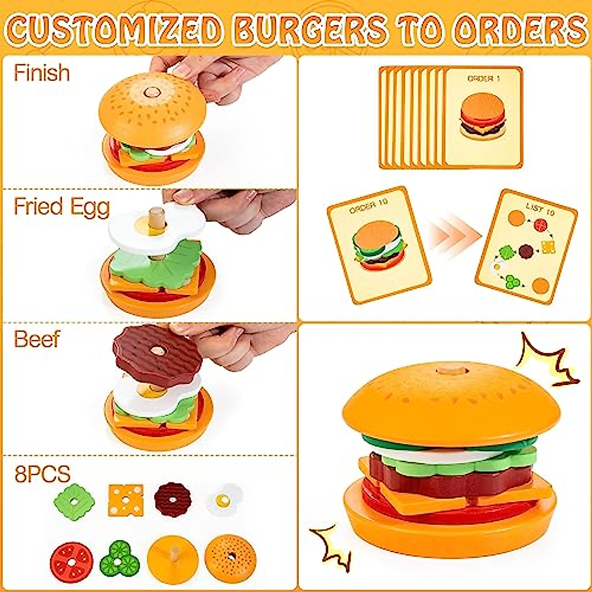 Bravmate Wooden Montessori Toys for 1 2 3 Years Old Kids, Realistic Burger & Ice Cream Toy, Stacking & Pretend Play for Little Chef, Preschool Play Fake Food Games, Educational Fine Motor Skills Toys