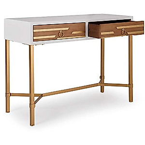 Adore Decor Jupiter Console Table with 2 Drawers, Mid Century Modern Rectangular Small Space Accent Desk for Living Room, Entryway, Home Office, Metal Legs, Easy Assembly, White and Gold