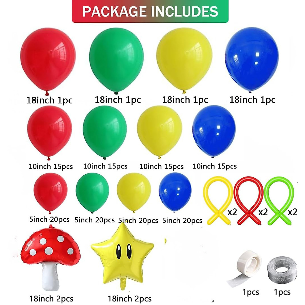 DUILE 156pcs Red Blue Green Yellow Balloon Garland Kit Mushroom Star Balloons for Cartoon Video Game Theme Super Bros Birthday Game Birthday Party Supplies