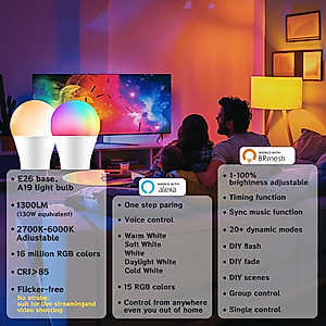 UCB Smart Light Bulbs 130W Equivalent, Color Changing Light Bulb, Work with Alexa Only, 16 Million Colors RGBWW, Music Sync, DIY Flash,1300LM A19 E26 Bluetooth Led Light Bulbs, No WiFi Required,4Pack