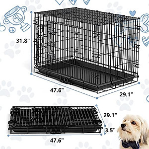 48 Inch Dog Crates for Large Dogs with PP Leak-Proof Dog Pan,XL Double Door Folding Metal Pet Crate with 3 pcs Slide Bolt Latch，Animal Cage Indoor Outdoor Dog Kennel