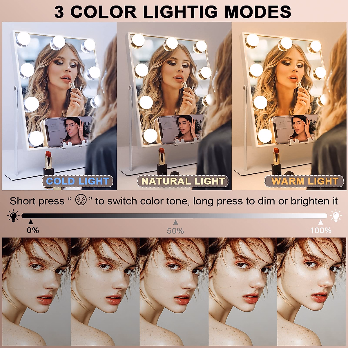 Hansong Lighted Vanity Mirror with Bluetooth Speaker and Wireless Charging Makeup Mirror with Lights 9 Dimmable Bulbs Lighted Makeup Mirror 3 Color Lighting Tabletop (White)