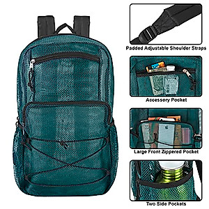 Deluxe See Through Mesh Backpack with Bungee Cord & Adjustable Padded Straps for Swimming, Travel (Green)
