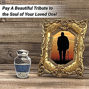 Small Keepsake Cremation Urn for Human Ashes with Velvet Heart Case and Funnel - Beautiful Peaceful Dark Blue Brass Hand Engraved Mini Memorial Urn