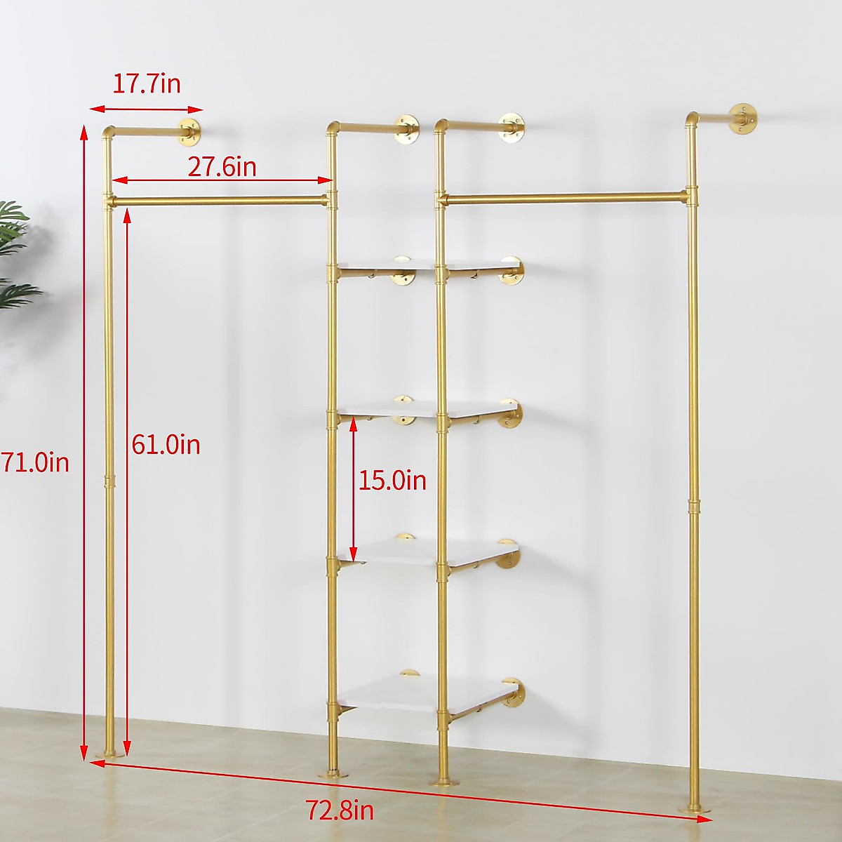 EDCB Industrial Pipe Gold Clothing Rack with Shelves, Retail Display Wall Mounted Storage Clothes Hanging Shelf Gold Pipeline Hanging Rod Steampunk Style, 4 Tier Wood Garment Rack 72.8x71inch