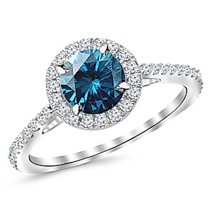 1.4 Carat 14K White Gold Classic Round Halo Diamond Engagement Ring w/ 1 Carat Blue Diamond