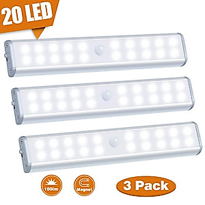 PRIORARE Under Cabinet Lighting Battery Operated Motion Sensor Closet Lights, Wireless Under Counter Lights with 20 LEDs for Kitchen/Cupboard/Stair/Drawer/Refrigerator (3 Packs)…
