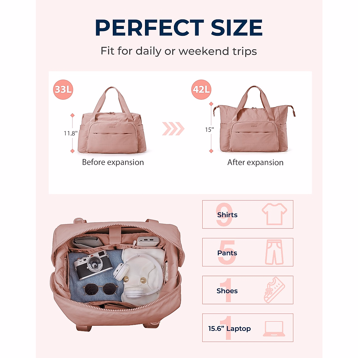 BAGSMART Travel Duffle Bag, Weekender Bags for Women Large Carry on Overnight Bag, Gym Bag with Trolley Sleeve, Personal Item Travel Bag Workout Dance Bag, Dark Pink