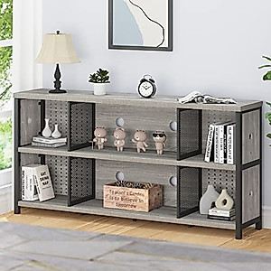 LVB Industrial 4 5 6 7 8 Cube Bookcase, Rustic Wood Metal Horizontal Bookshelf, Modern Wide Cube Organizer Storage Shelf, Large Long Low Book Shelf for Office Bedroom Living Room, Light Grey Oak 63 In