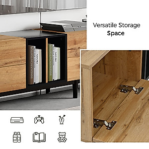 Virubi Modern TV Stand with 3 Cabinets & Open Shelves, Minimalist Wooden Entertainment Center for TVs Up to 80”, Sturdy TV Console for Living Room Bedroom Decor (Wood)