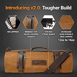 Chef Knife Roll Bag | 16oz ULTRA Wax Canvas & Top Grain Leather | 22 Slots & 4 Zipper Pouch | Double Stitch | Water-Resistant | Cleaver Pouch | Knife Organizer for Chefs and Culinary Students