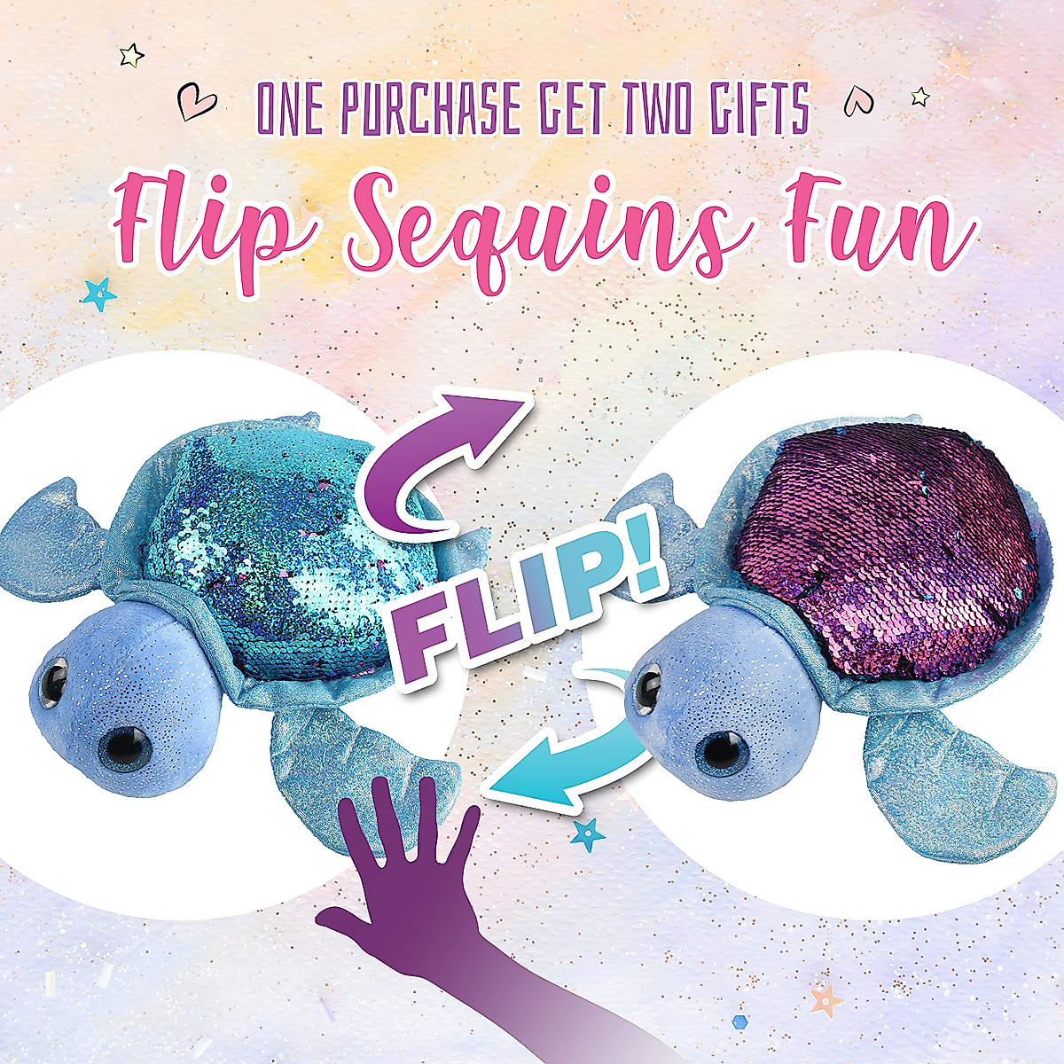 Athoinsu 12'' Blue Turtle Plush Pillow Soft Plush Toy with Reversible Glitter Sequins Sparkle Birthday Children's Day Valentine's Day for Kids Boys Girls Toddlers