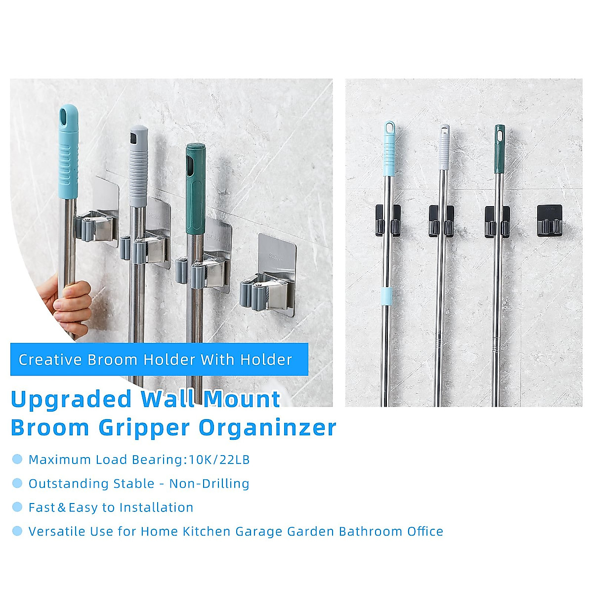 Cokshy 4 Pcs Stainless Steel Broom Holder, Heavy Duty Garden Tool Organizer Rack Rake, Square Rust Resistant Broom Holder Wall Mount for Kitchen Bathroom Closet Garden Garage - Gray