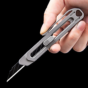 TGZUO Titanium Pocket Knife with Clip Small EDC Retractable Box Cutter Flipper Utility Knife 10pcs Carbon Steel Blades