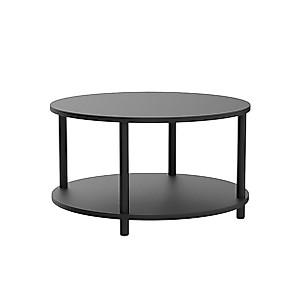 Unihouse Round Coffee Table for Living Room, 31.5’’ 2 Tier Black Wooden Coffee Table with Open Storage Shelf for Office/Reception Room,Sturdy Metal Legs, Easy to Assemble