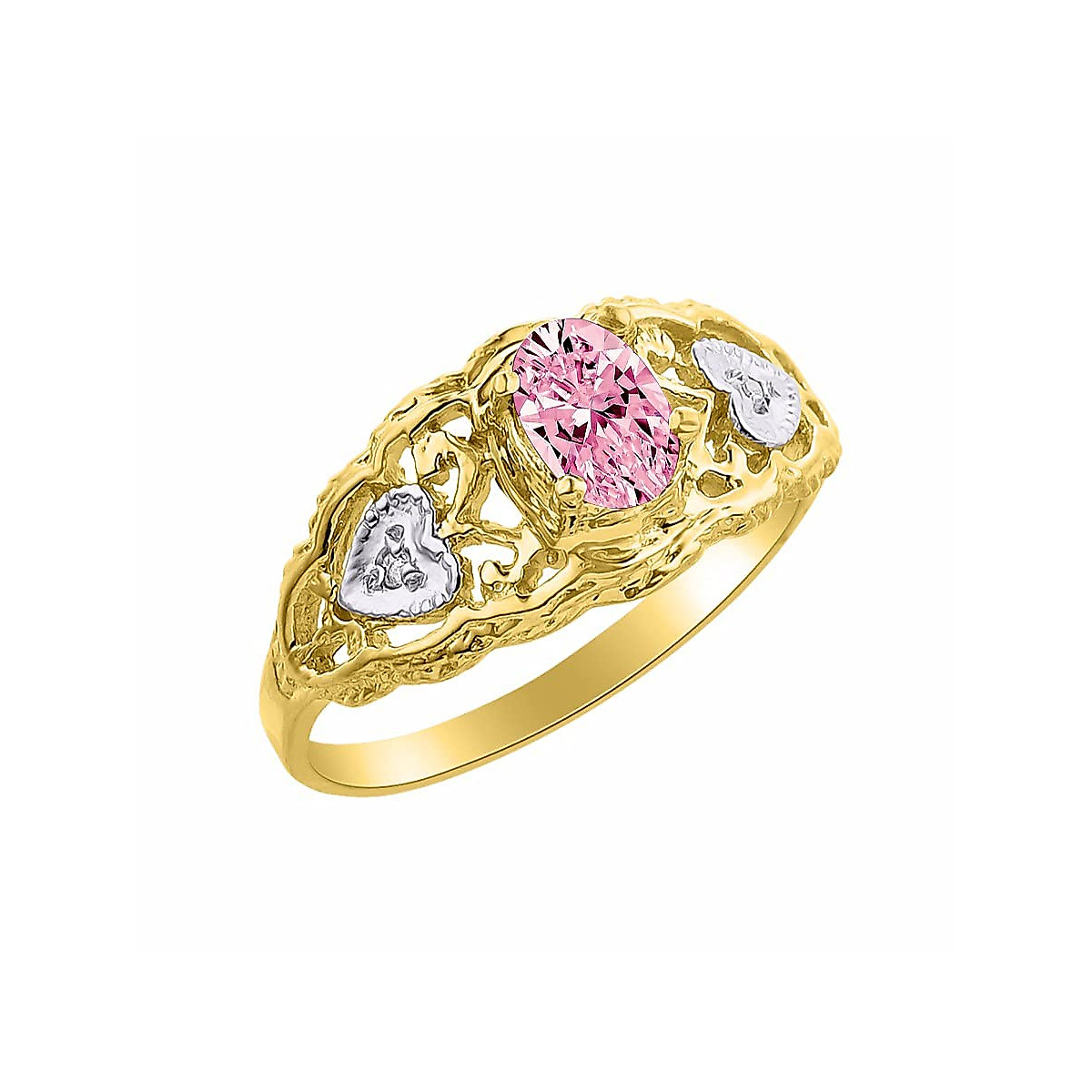 Rylos Rings for Women 14K Gold Plated Silver Ring Filigree Heart Birthstone Ring 6X4MM Gemstone & Diamonds October Pink Ice Jewelry for Women Size 5
