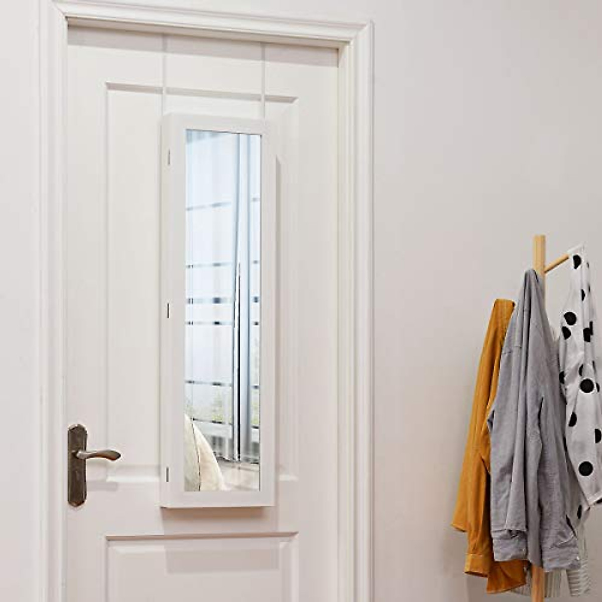 Giantex Jewelry Armoire Cabinet Wall Door Mounted with Full Length Mirror, Jewelry Organizer with Makeup Mirror, Ring Earring Slots, Necklace Hooks, Large Capacity Storage Jewelry Armoire (White)