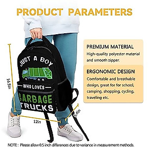 Mercuryelf Just a Boy Who Loves Garbage Trucks Backpack for Student, 16 Inch Black Backpacks for School, Cool Lightweight Bookbag for Kids