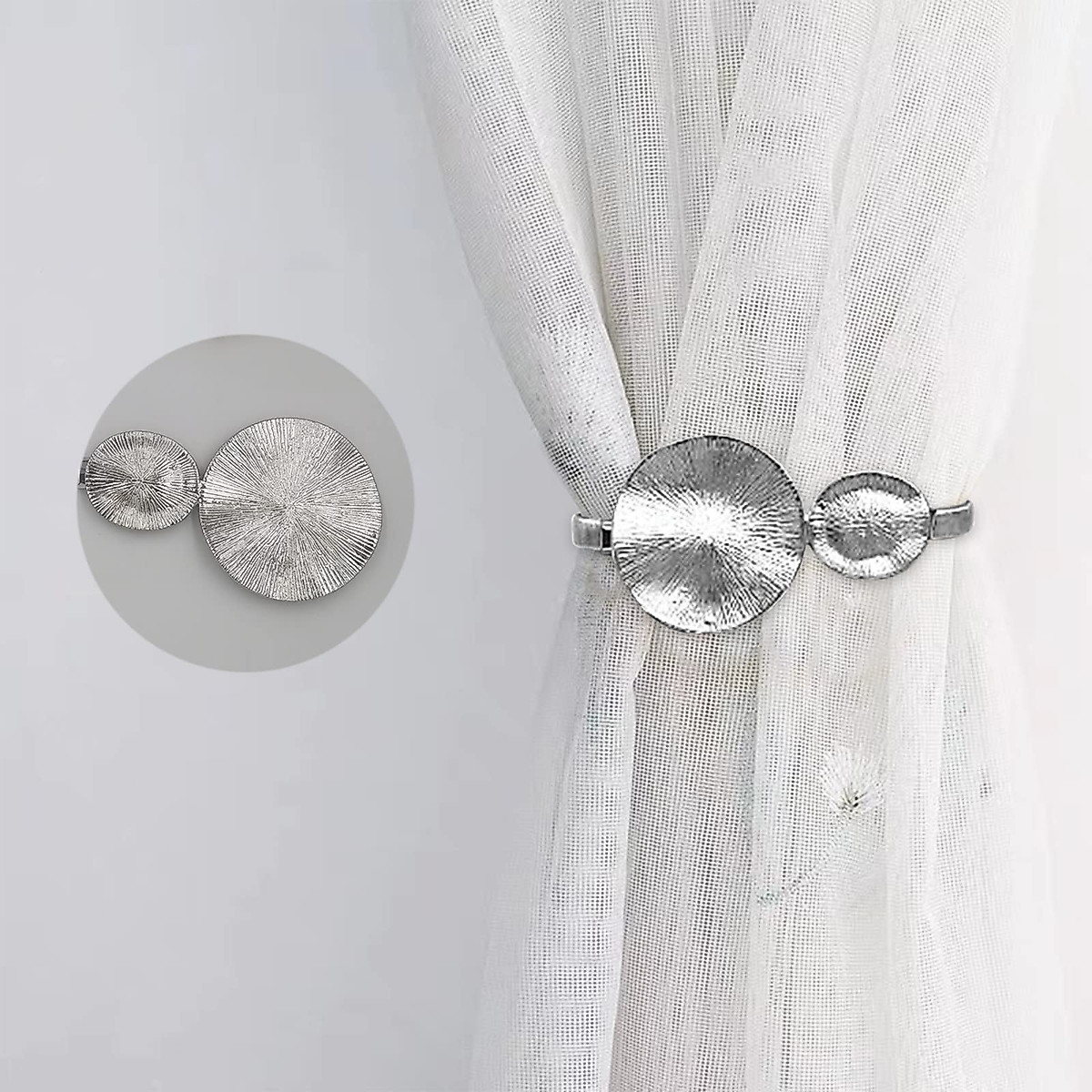 Magnetic Curtain Tiebacks 2pcs, Curtain Tiebacks Buckles Holdbacks Holders Hooks Clip for Home Bedroom Office Decorative Curtain, Strong Magnetic Curtain Buckles for Decoration (Silver)