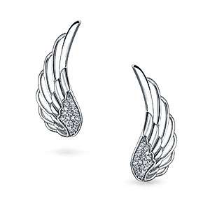 Trendy Crawler Spiritual Feather Guardian Angel Wing Ear Pin Climbers Earrings For Women Cubic Zirconia Pave CZ .925 Sterling Silver
