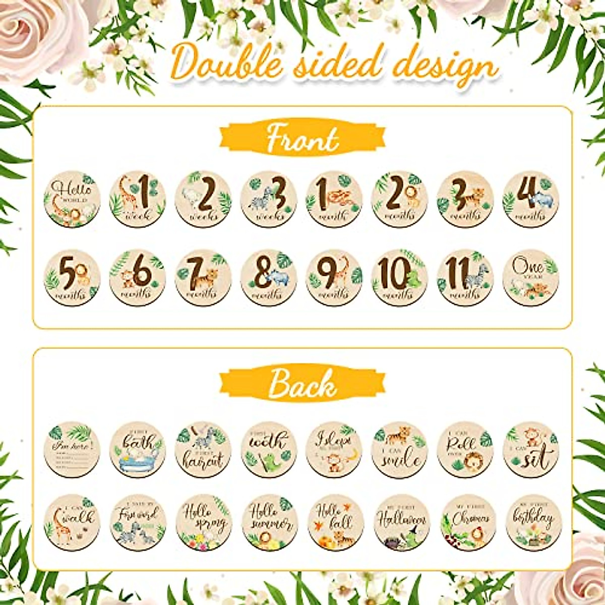 16 Pieces Wooden Baby Monthly Milestone Cards Jungle Animal Baby Monthly Milestone Marker Discs Double Sided Safari Animal Wooden Circles Baby Months Signs for Baby Shower Newborn Photo Props