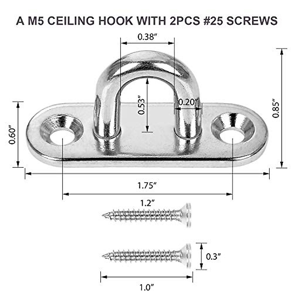15 Pack 1.8 inch Stainless Steel Ceiling Hook Pad Eye Plate M5 Oblong Pad Eye Marine Hardware Staple Hook Loop Wall Mount Hanger Hook with 30 PCS Screws