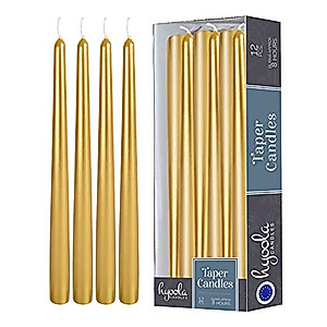 12 Pack Tall Metallic Taper Candles - 10 Inch Gold Painted Metallic, Dripless, Unscented Dinner Candle - Paraffin Wax with Cotton Wicks - Individually Wrapped