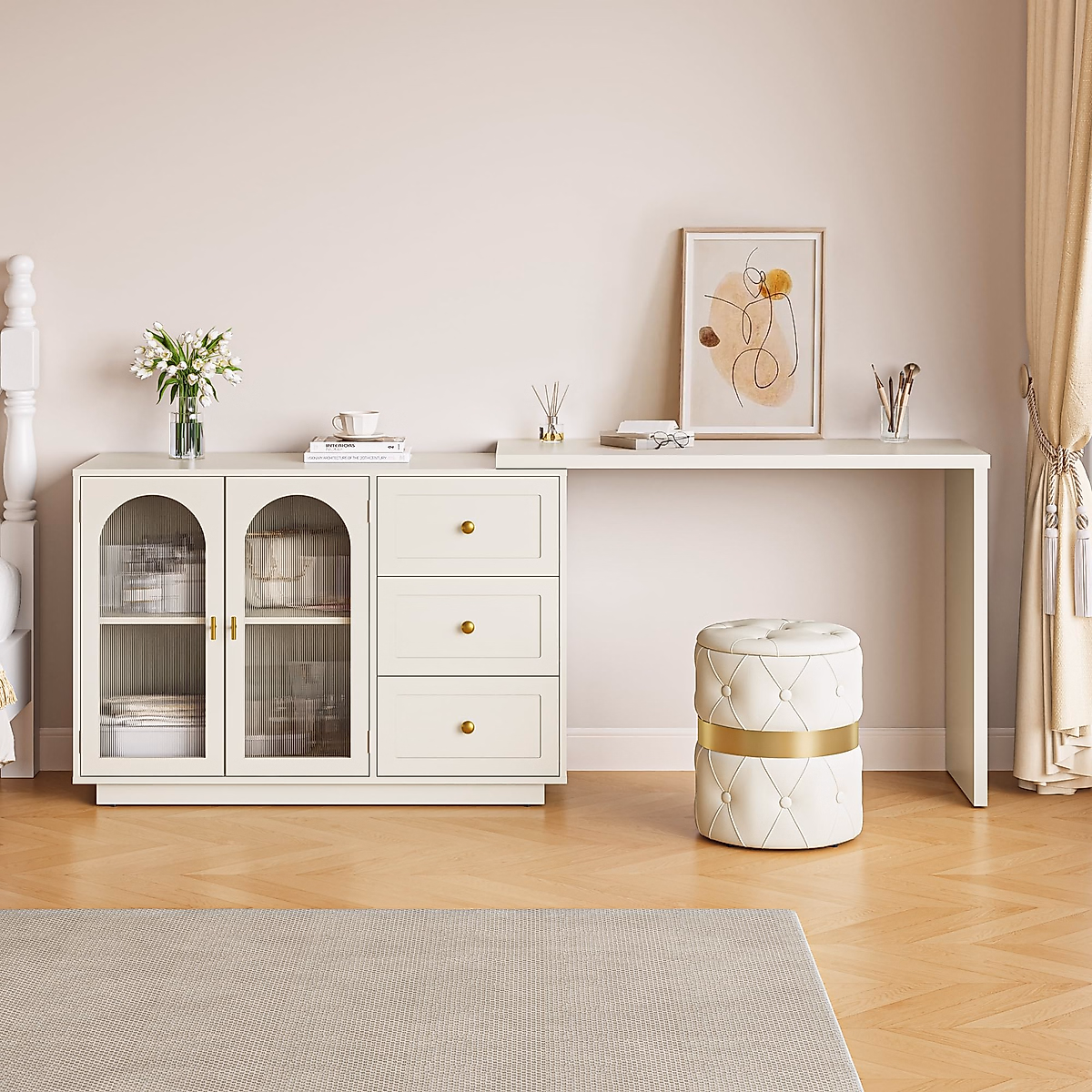 RoyalCraft Makeup Vanity Desk, Extendable Corner Vanity Makeup Table with 3 Drawers & 2 Doors, Modern Dressing Table for Bedroom, White Makeup Vanity Without Mirror