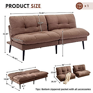 Siiejia Futon Sofa Bed, Convertible Sleeper Futon Couch Loveseat Adjustable Backrest Couch Bed Small Splitback Modern Sofa for Living Room, Bedroom, Office, Apartment, Brown