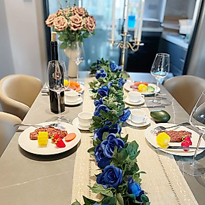 4 Pack (32FT) Artificial Rose Vine Fake Flowers Garland Hanging Silk Rose Ivy Plants Vine for Wedding Arch Party Garden Home Bedroom Office Wall Aesthetic Art Décor (Royal Blue)