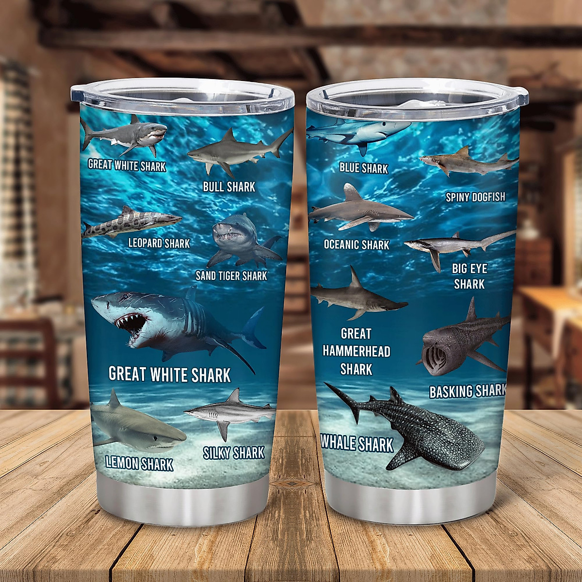 Hyturtle Personalized Gifts Shark Lover - Sharks Printed Customized Name Stainless Steel Tumbler 20 oz With Lid - Idea Cute Sea Animal Lover Gifts For Women, Girl, Kids On Birthday, Christmas