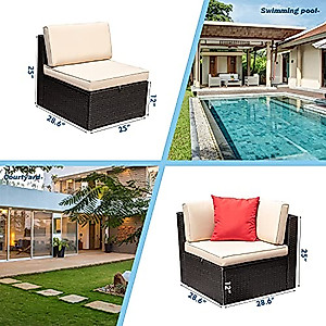 Flamaker 2 Pieces Patio Furniture Set Outdoor Loveseat All Weather PE Rattan Sofa Chair Set Corner Sofa Armless Sofa with Padded Soft Cushion (Beige)