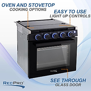 RecPro RV Stove Black Finish | Gas Range 21" Tall | 6500 and 8000 BTU Three Burner | 7100 BTU Oven with 1.8 Cu. Ft. Capacity | Optional Range Hood