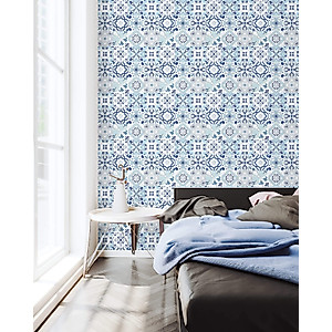 Dimoon Wallpaper 17.7’’x78.7’’ Contact Paper Thicken Blue White Floral Flower Tile Peel and Stick Removable Wall Waterproof Embossed Self Adhesive Vinyl