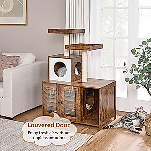 BEWISHOME Cat Litter Box Enclosure Hidden Litter Box Furniture with Cat Tree Tower, Cat Washroom Furniture, with Front Entry, Modern Wooden Cat House for Indoor Rustic Brown CMW02F