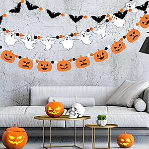 Doumeny 3Pcs Halloween Felt Garland Ghost Bat Felt Banner Pumpkin Pom Pom Garland Halloween Black Orange White Ball Garland Felt Halloween Hanging Banner for Halloween Party Fireplace Home Decor
