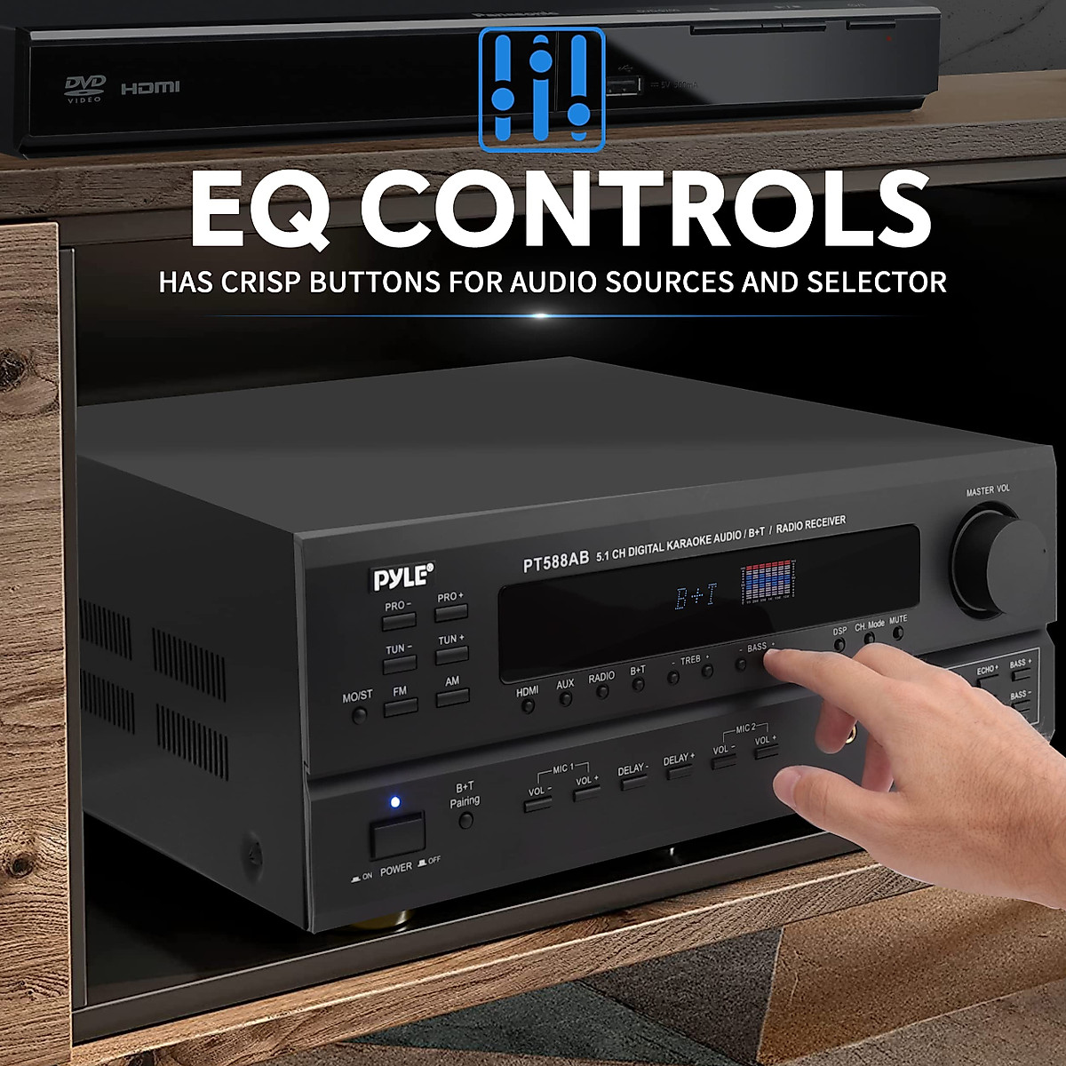 Pyle Wireless Bluetooth Power Amplifier System - 420W 5.1 Channel Home Theater Surround Sound Audio Stereo Receiver Box w/RCA, AUX, Mic w/Echo, Remote - for Subwoofer Speaker - Pyle PT588AB.5