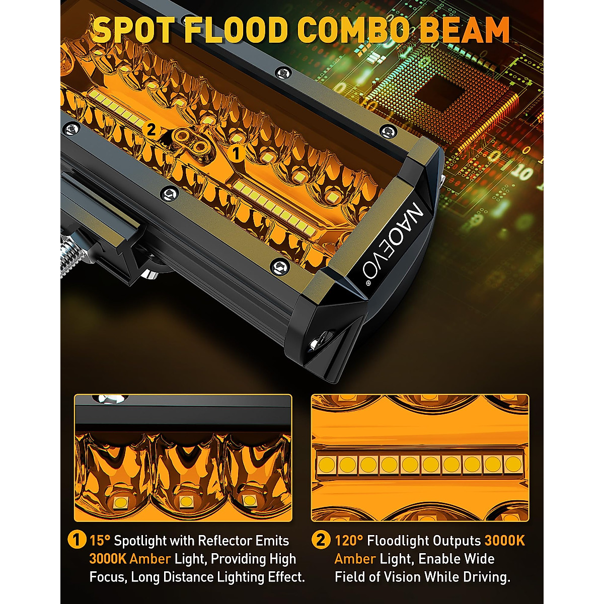 NAOEVO 7 inch Amber LED Light Bar, 240W 24,000LM Offroad Fog/Driving Lights LED Pods with Spot Flood Combo Beam, Waterproof LED Work Lights for Truck Boat UTV ATV, 2 Pack (Amber)