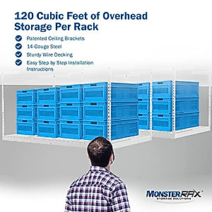 MonsterRax Overhead Garage Storage Rack- 4 x 8 Ceiling Rack for Garage Shelving, Organization, & Storage, Adjustable Hanging Storage for Bikes, Equipment & Accessories (White, 24"-45", 2-Pack).