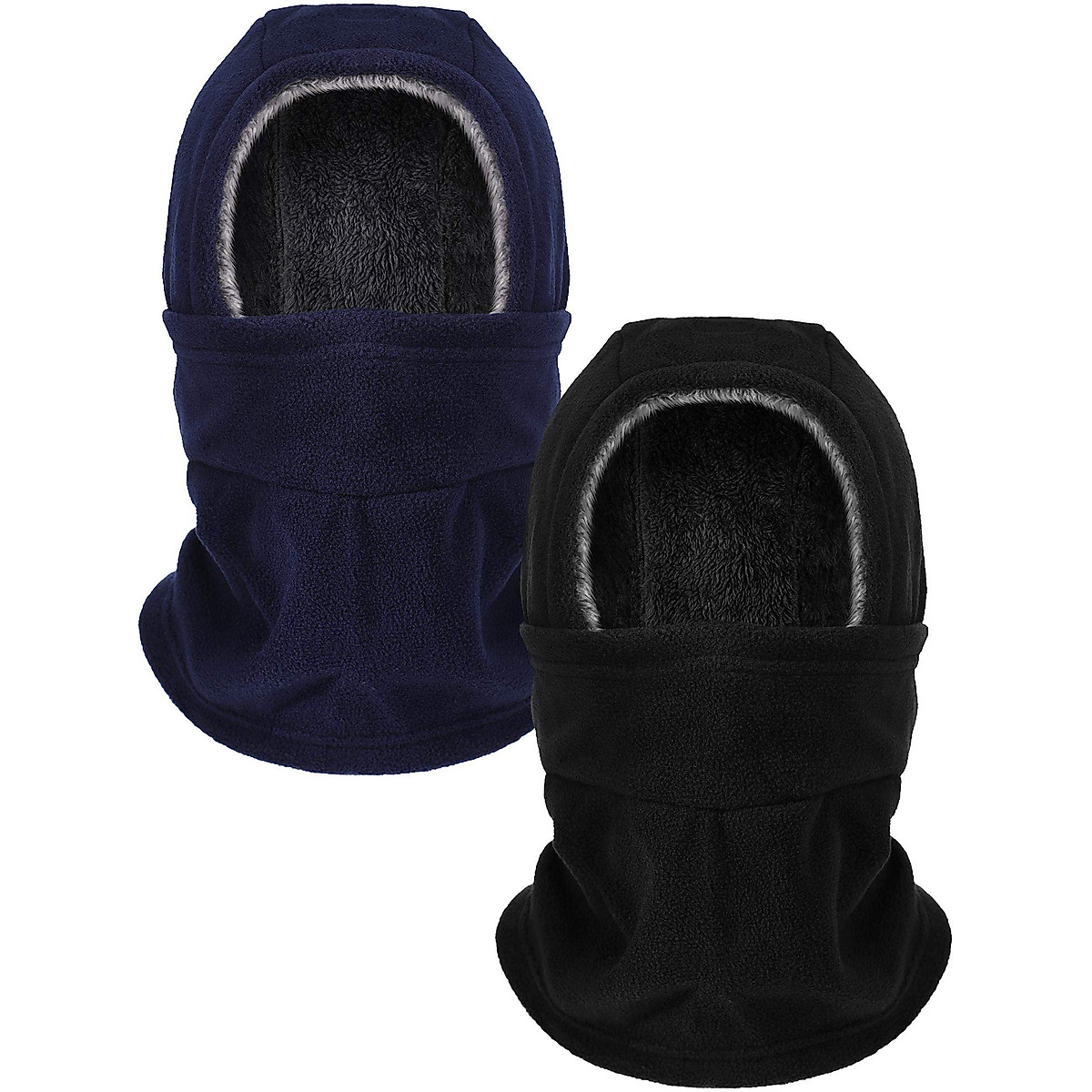 Winter Balaclava Hat Fleece Full Face Covering Scarf with Drawstring (Black, Navy Blue, 2)