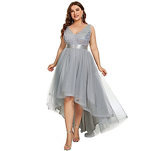 Ever-Pretty Womens Double V Neck A Line High Low Sequin Tulle Plus Size Formal Dresses for Curvy Women Silver US16