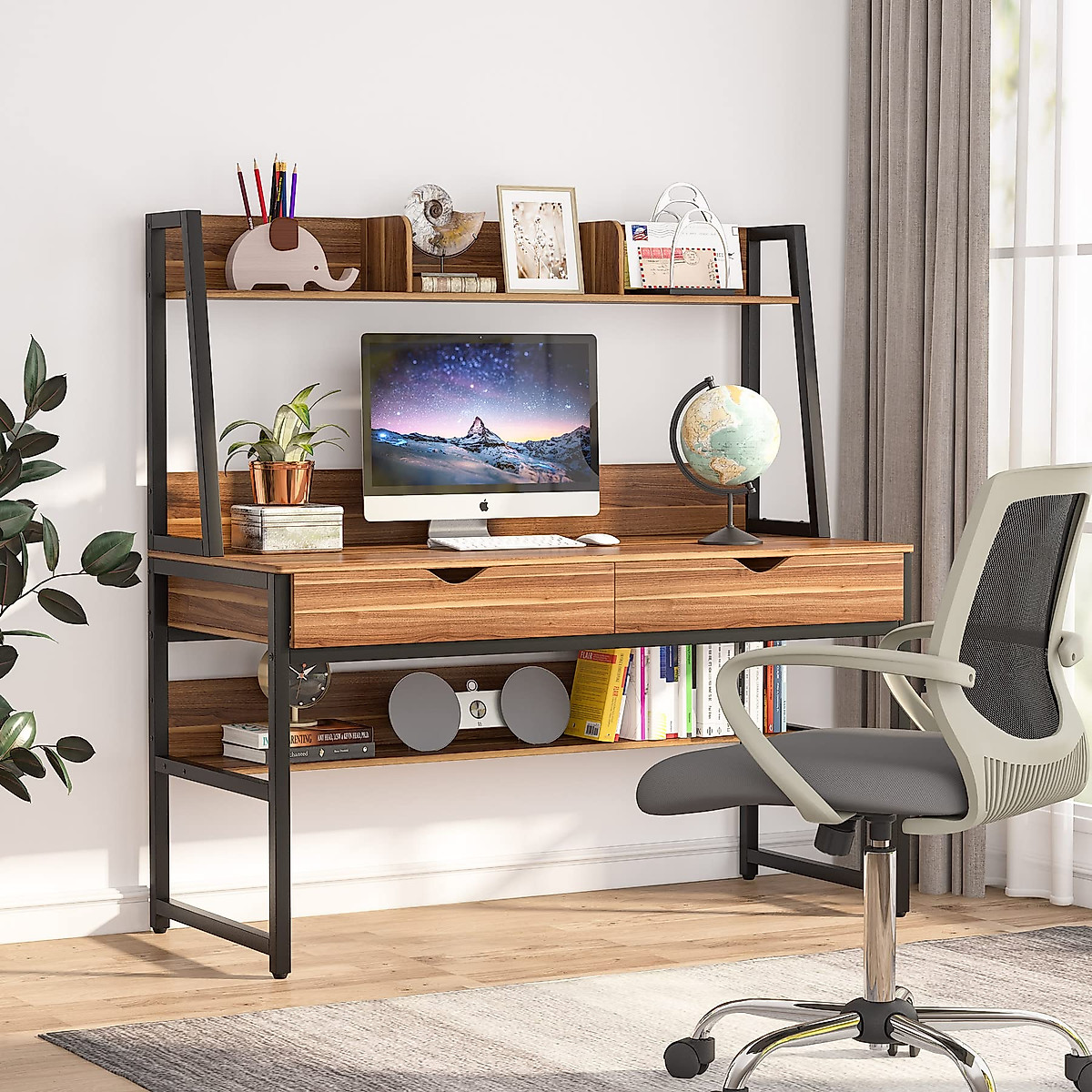Tribesigns Large Computer Desk with Bookshelf and Drawers, Writing Desk Gaming Gamer Table with Storage and Hutch, 47 “Wood and Metal Craft Table for Home Office