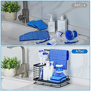 Wetheny Kitchen Sponge Holder-Kitchen Sink Caddy Organizer with Drain Pan 304 Stainless Steel for Sponges, Cleaning Cloth, Scrub Brush, Dish Soap and Hand Sanitizer ( Black )